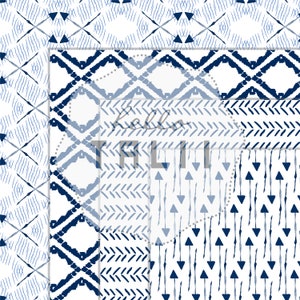 WHITE and BLUE Watercolor TRIBAL Digital Paper- Blue Aztec Watercolor ...