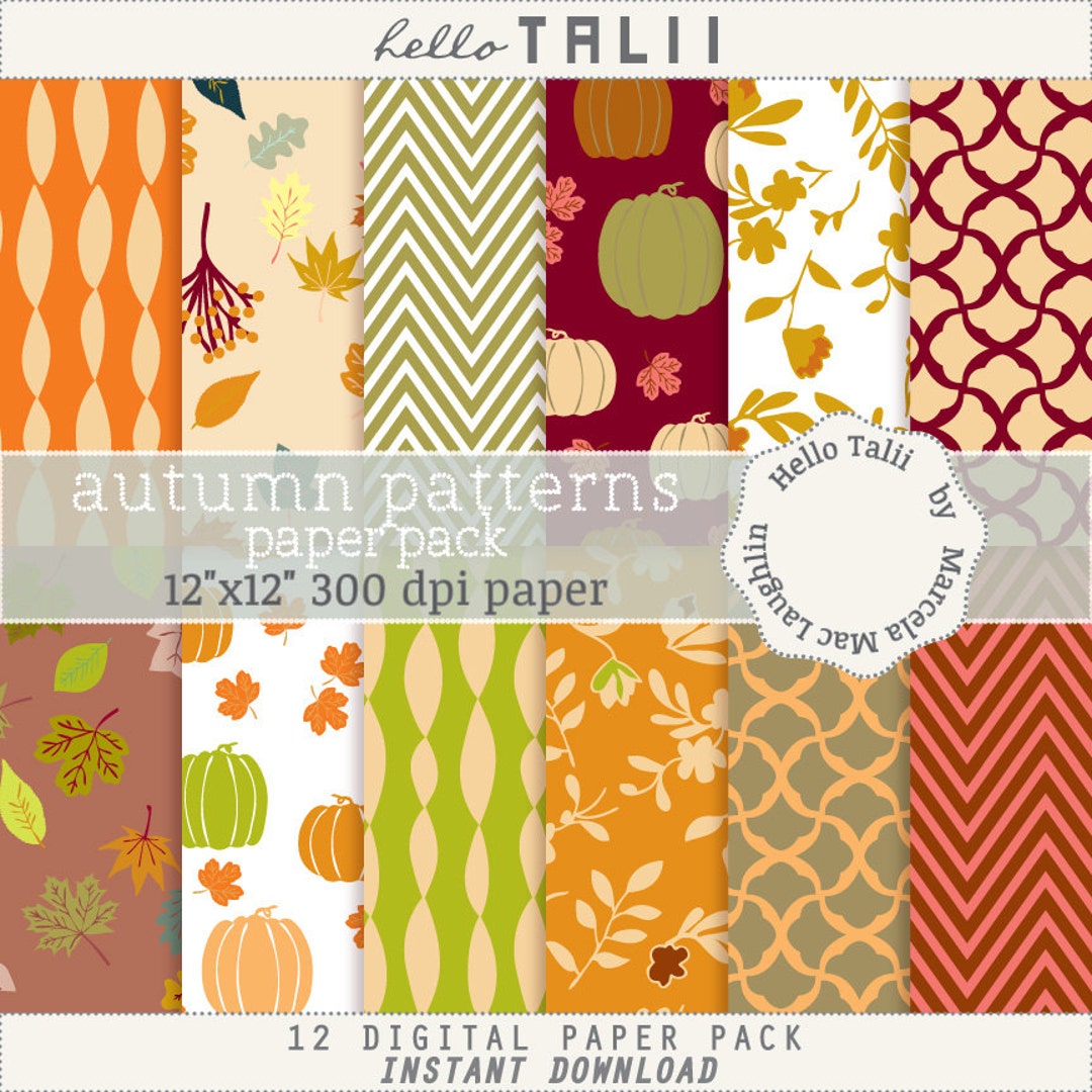 Fall Digital Paper AUTUMN PATTERNS- Fall Leaves Pumpkins Harvest Autumn ...