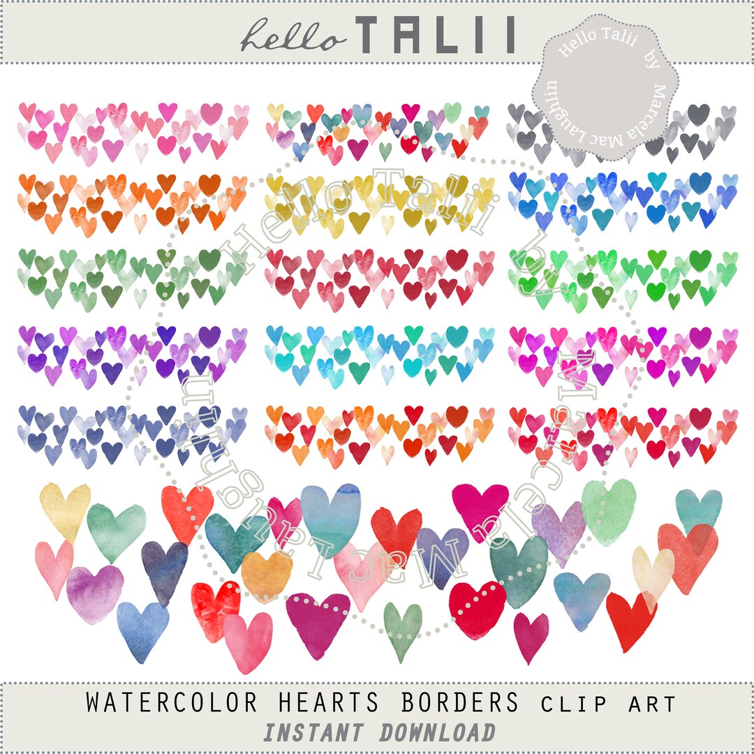 WATERCOLOR HEARTS BORDERS Clipart- 15 Rainbow Color Hearts Painted in ...