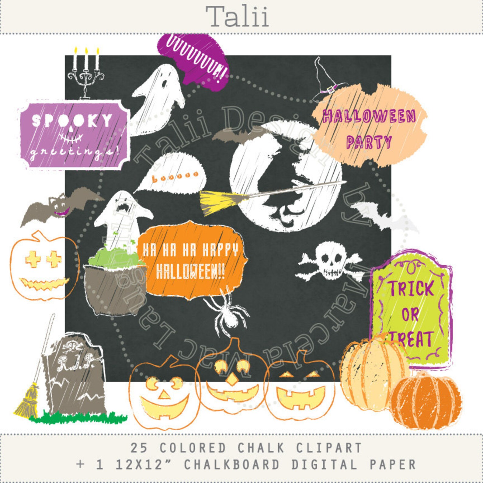 Halloween Clipart 50 CHALKBOARD HALLOWEEN Clipart Files 1 | Etsy