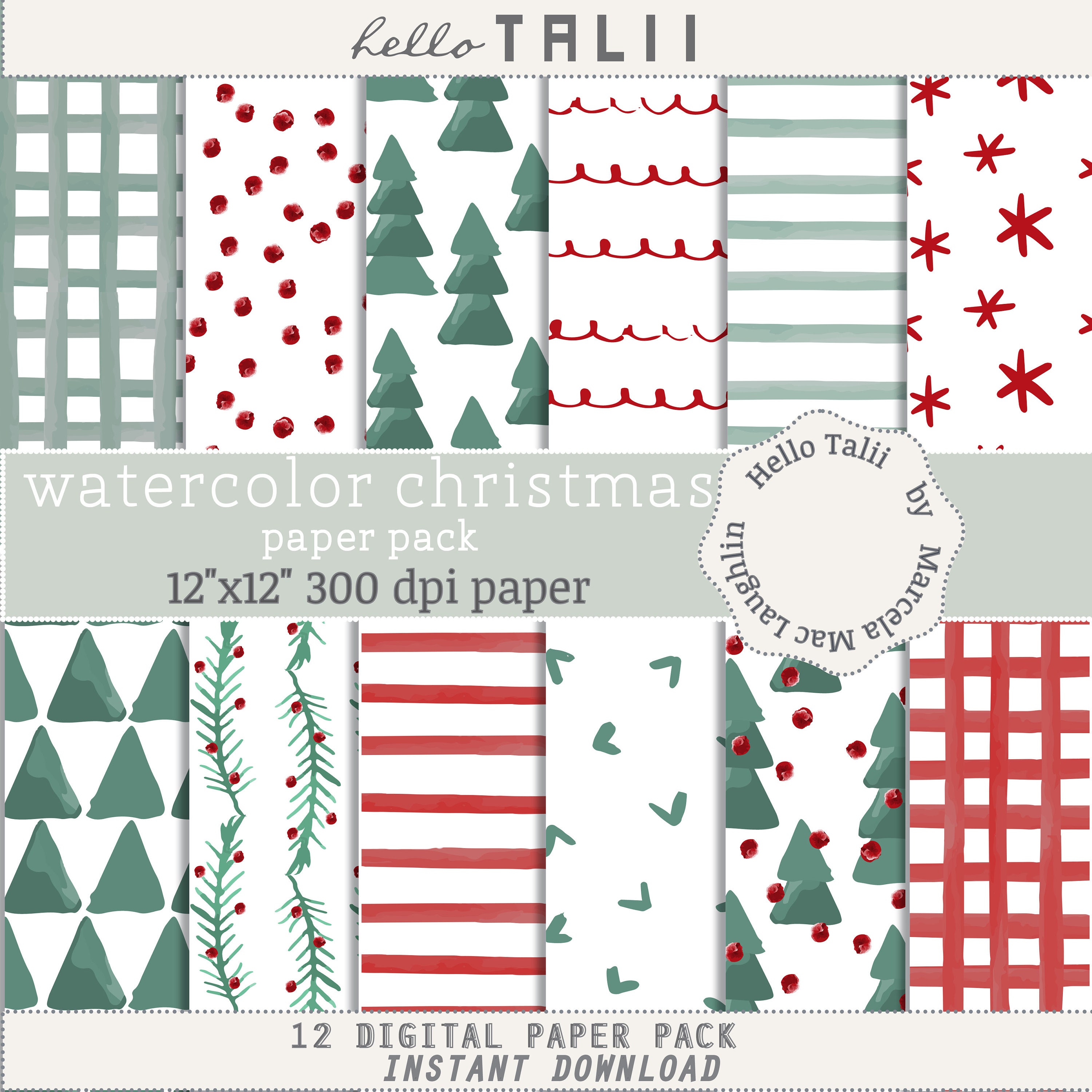 Christmas WATERCOLOR Digital Paper- Red Green White Watercolor Patterns ...
