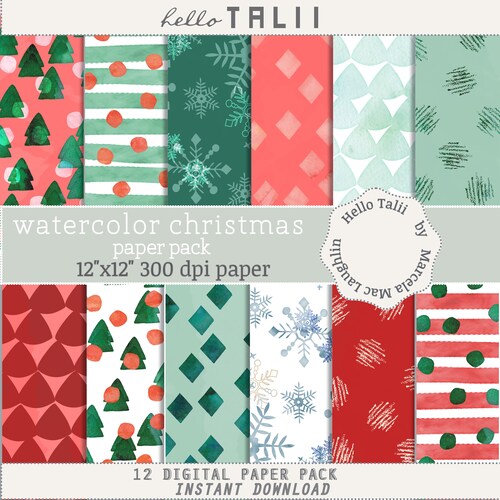 WATERCOLOR CHRISTMAS Digital Paper Handpainted Watercolor - Etsy
