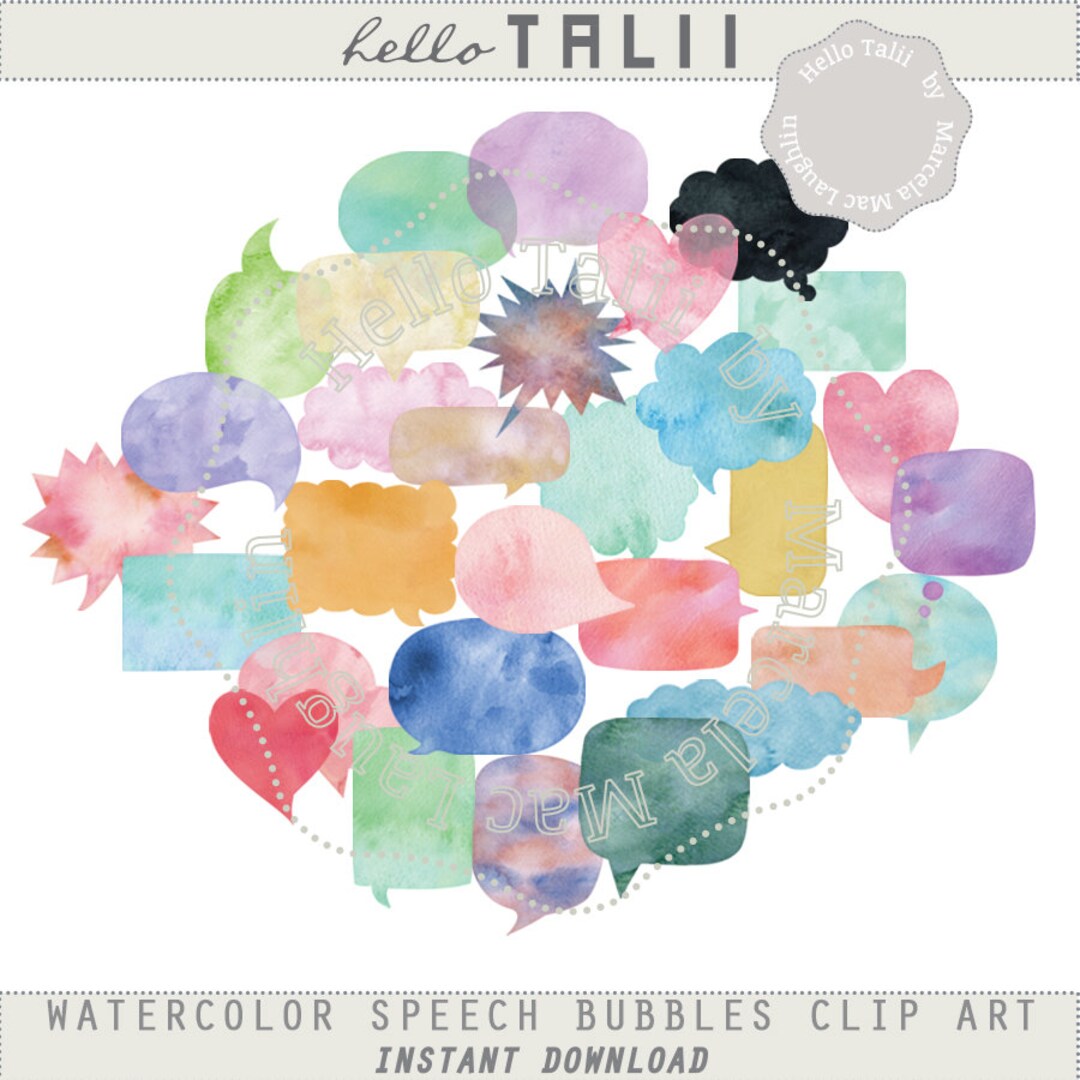 WATERCOLOR SPEECH BUBBLES Clip Art- 30 Dialogue Bubble Shapes Hand ...