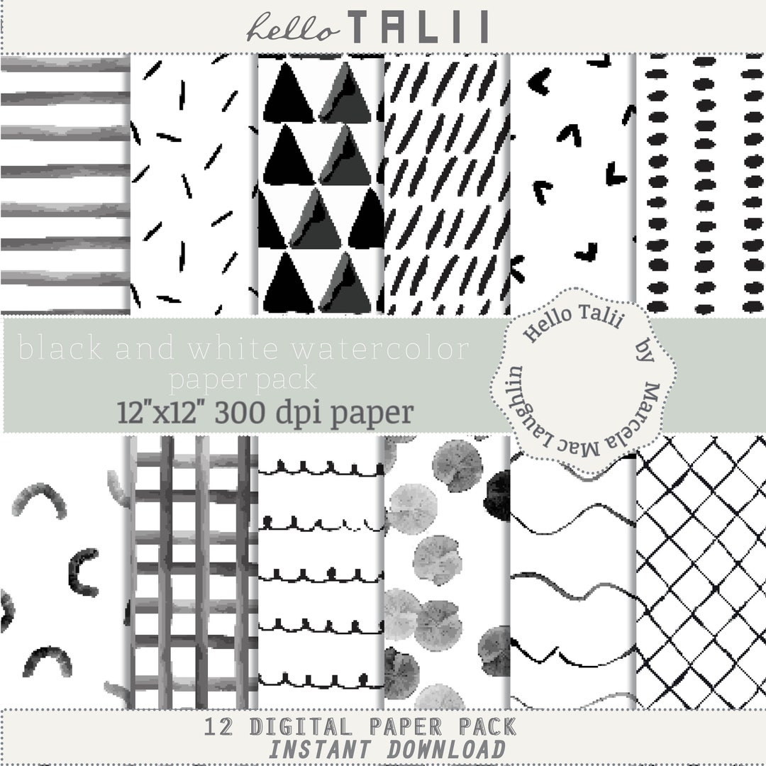 WATERCOLOR BLACK and WHITE Digital Paper- Handpainted Doodles Black and ...