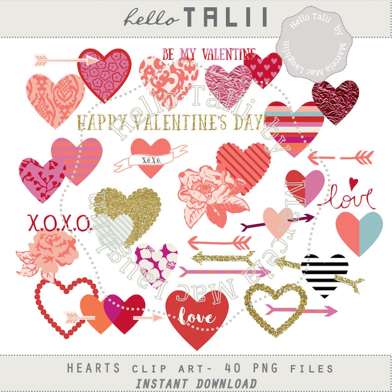 Hearts Clipart VALENTINES DAY Digital Hearts Arrows Flowers - Etsy