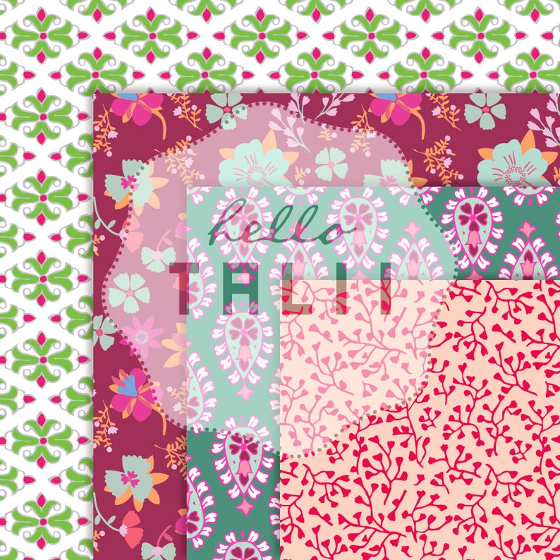 Pink and Mint Digital Paper- Floral and Paisley Patterns- Red Green ...