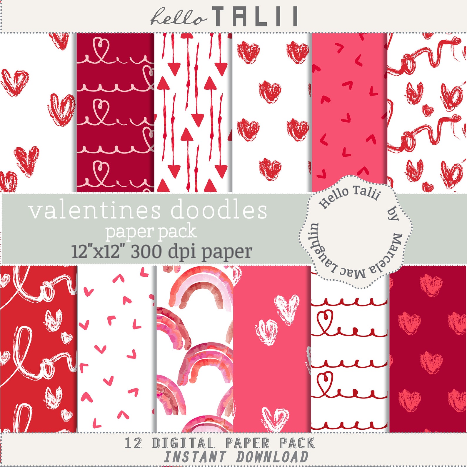 Valentines DAY Digital Paper- Valentine's Day DOODLES Backgrounds Red ...
