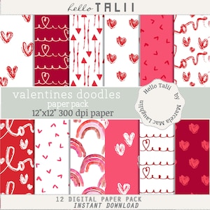 Valentines DAY Digital Paper- Valentine's Day DOODLES Backgrounds Red ...