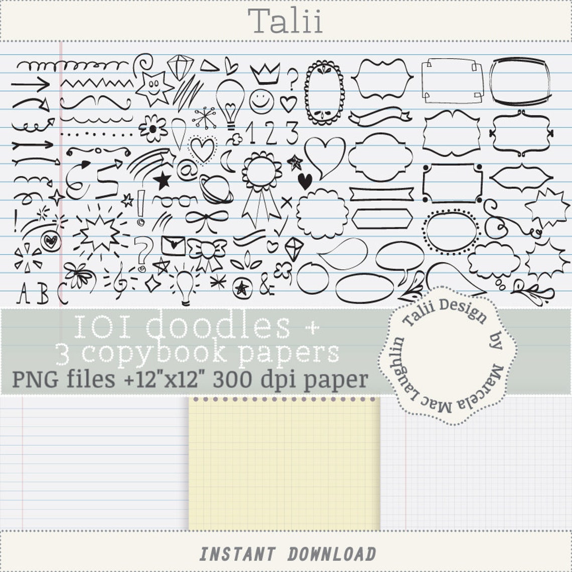101 DOODLES Clipart 3 COPYBOOK Digital Papers Handdrawn - Etsy