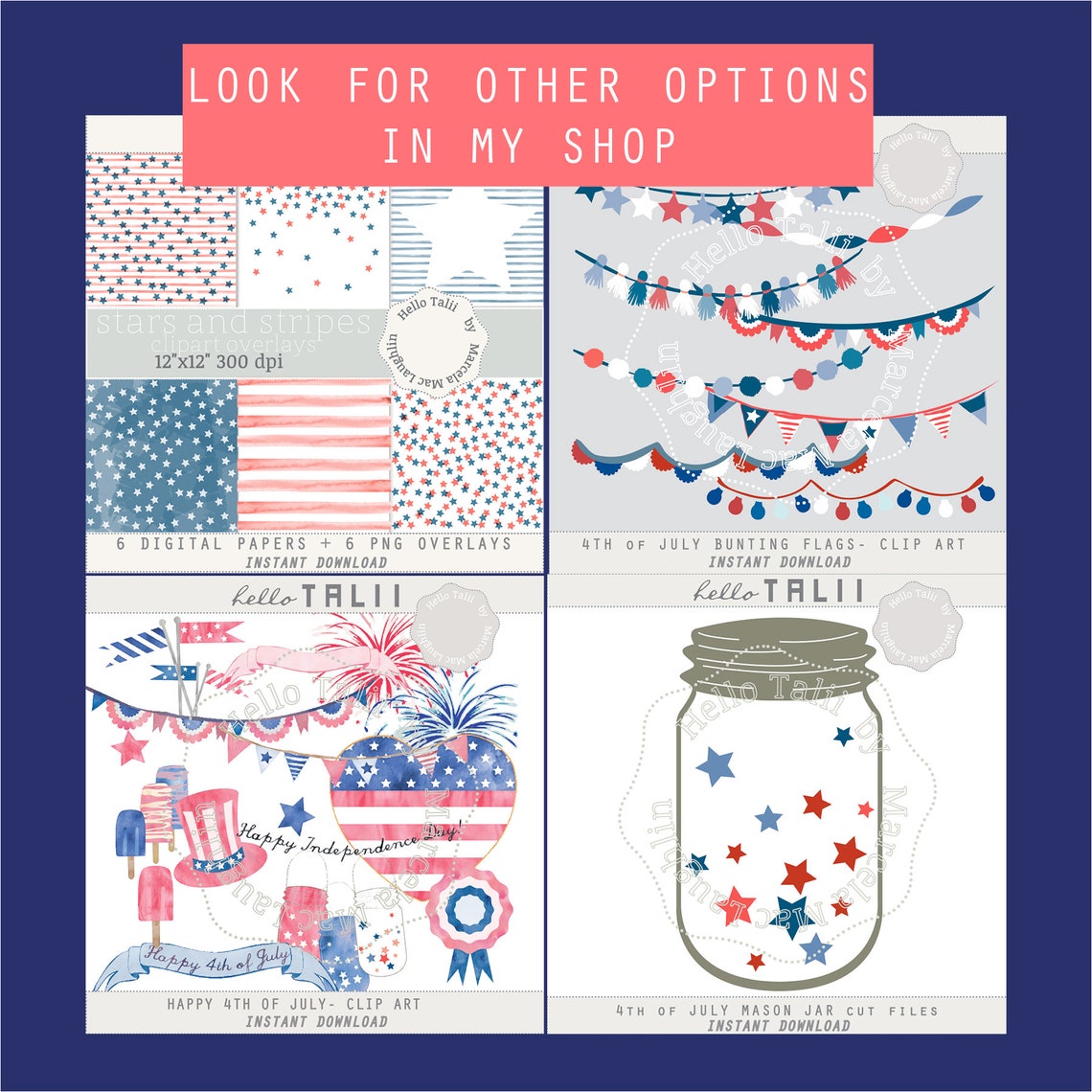 4th of July WATERCOLOR Bunting Flags Clip Art Bunting Banners | Etsy