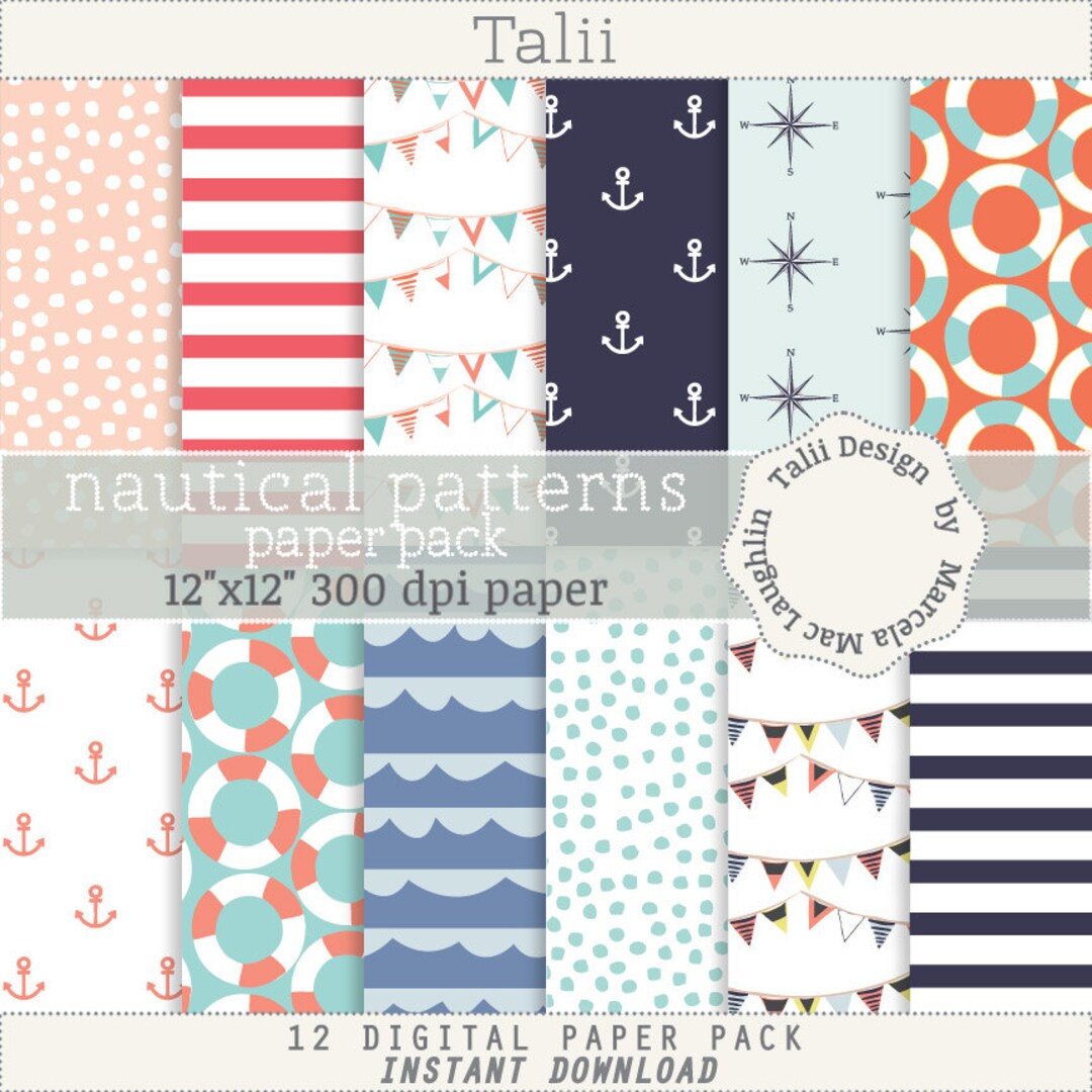 Nautical Digital Paper NAUTICAL PATTERNS- Navy Backgrounds Bunting ...