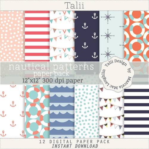 Scrapbook Nautical Blue and Red Digital Art - Etsy