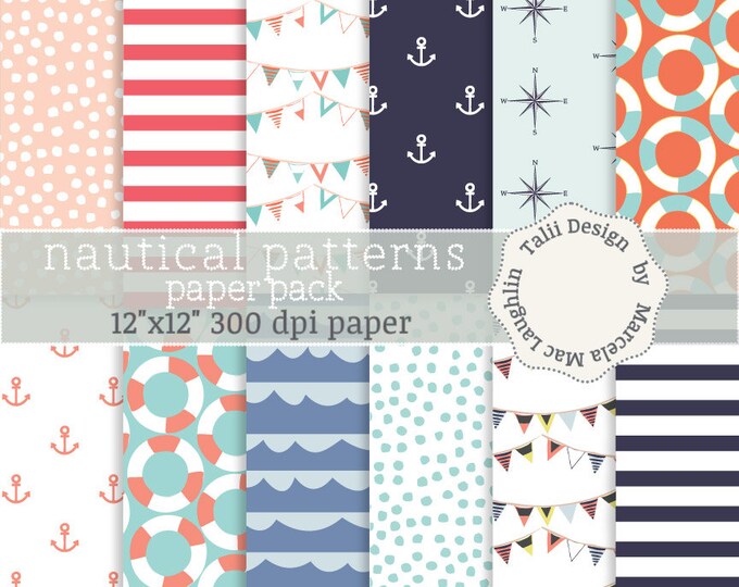 Nautical Digital Paper NAUTICAL PATTERNS- Navy Backgrounds Bunting ...