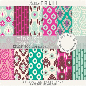 Pink Ikat Digital Paper PINK and TEAL IKAT Patterns Ikat Backgrounds ...