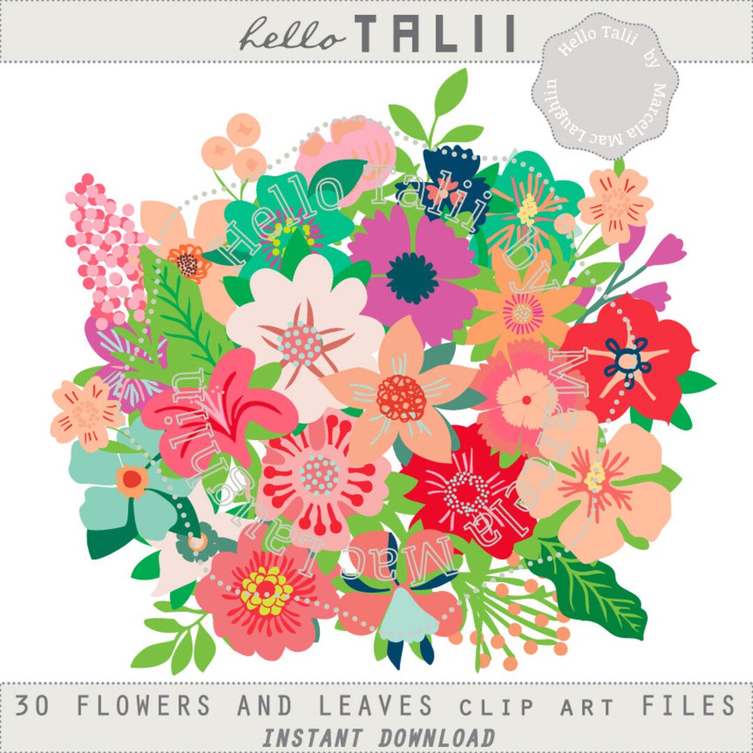 FLOWER Clipart- Spring Flowers+ Leaves Handdrawn Clip Art Pink Coral ...