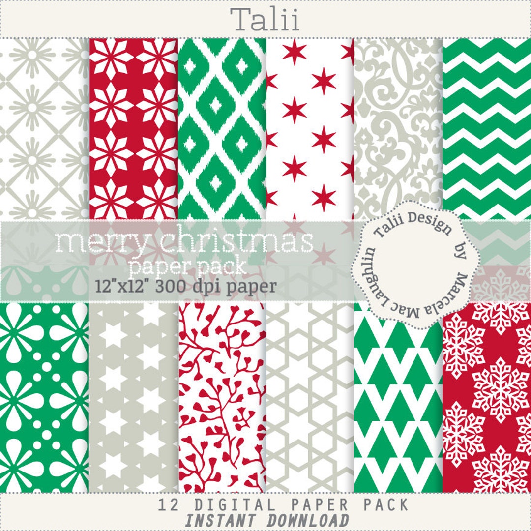 Christmas Digital Paper red and Green MERRY CHRISTMAS Patterns Ikat ...