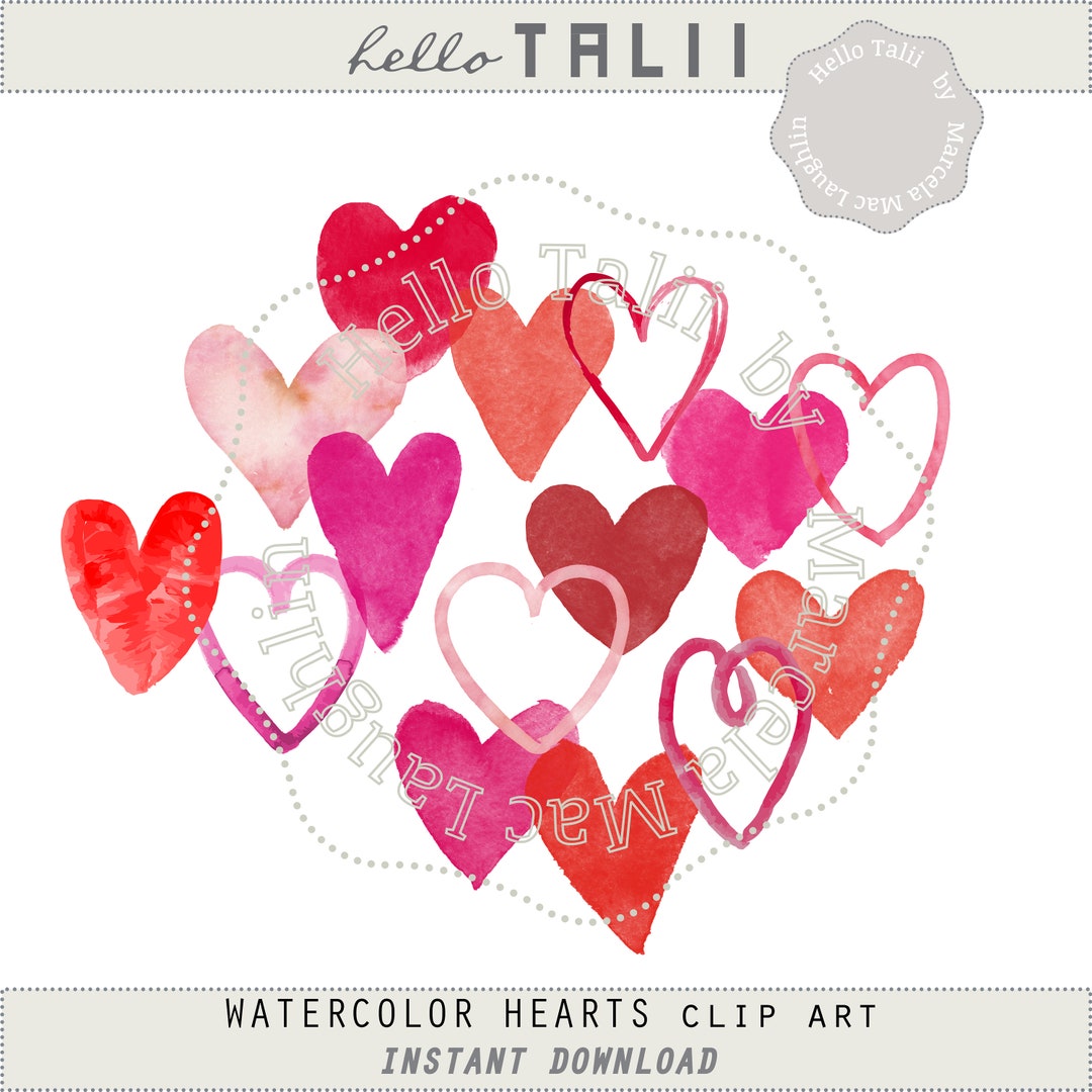 WATERCOLOR HEARTS Clipart- Red and Pink Handpainted Hearts and Doodles ...