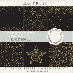 STARS Digital Papers Golden Glitter Confetti Stars on BLACK Background ...
