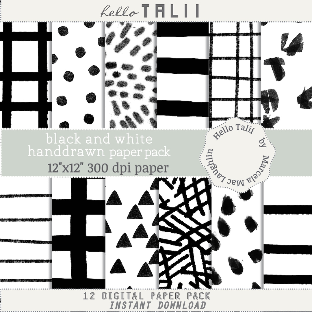 BLACK and WHITE Hand Drawn Digital Paper- Black and White Doodles ...