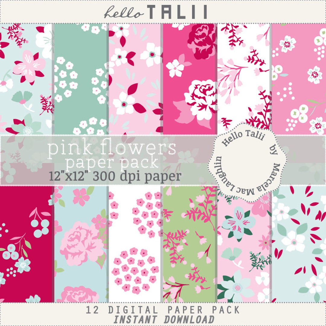 PINK FLOWERS Digital Paper. Acqua White and Pink Floral Patterns Spring ...
