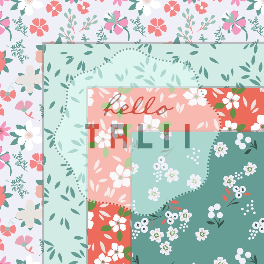 CORAL and WHITE Flowers DIGITAL Paper- Coral Pink Mint Floral Patterns ...
