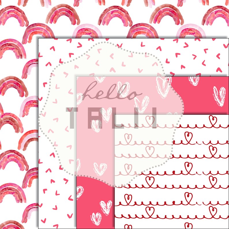 Valentines DAY Digital Paper- Valentine's Day DOODLES Backgrounds Red ...