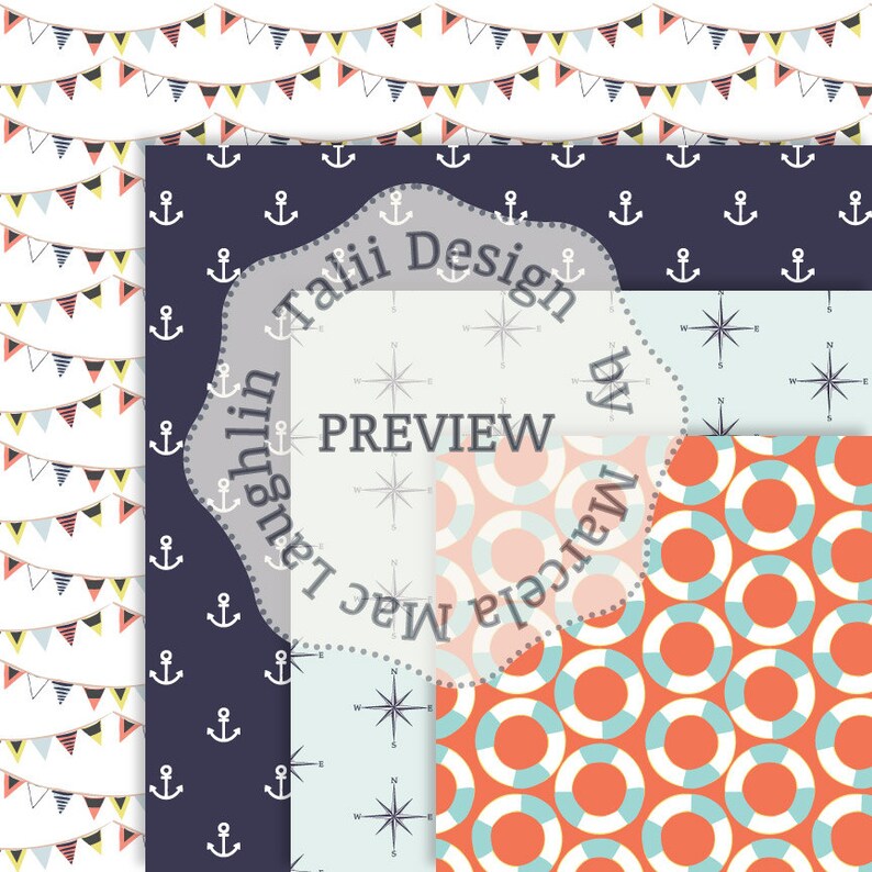 Nautical Digital Paper NAUTICAL PATTERNS- Navy Backgrounds Bunting ...