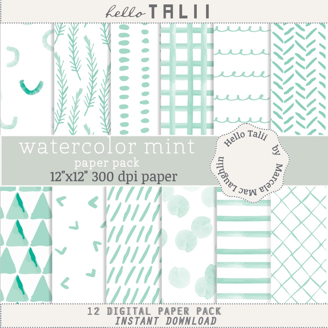 MINT WATERCOLOR Digital Paper- White and Green Watercolor Backgrounds ...