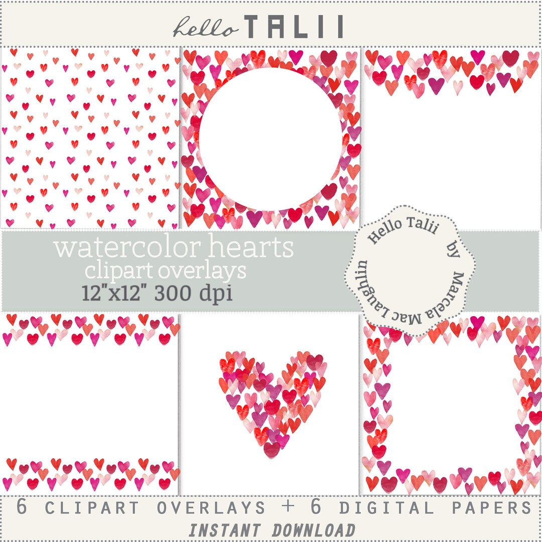WATERCOLOR HEARTS Clipart Overlays + Digital Papers- Valentine's Day ...