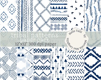 WHITE and BLUE Watercolor TRIBAL Digital Paper Blue Aztec - Etsy