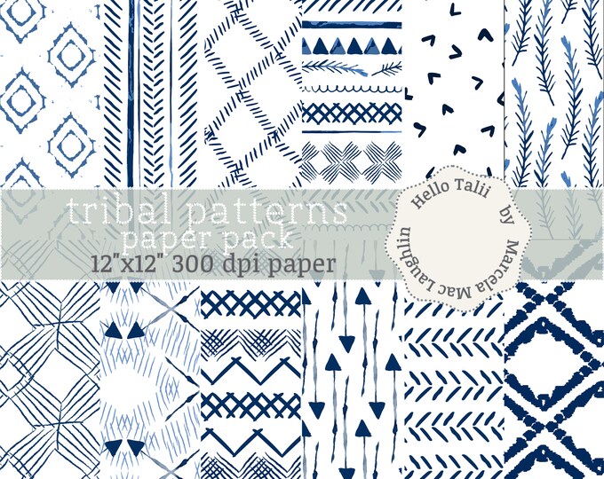 WHITE and BLUE Watercolor TRIBAL Digital Paper Blue Aztec - Etsy