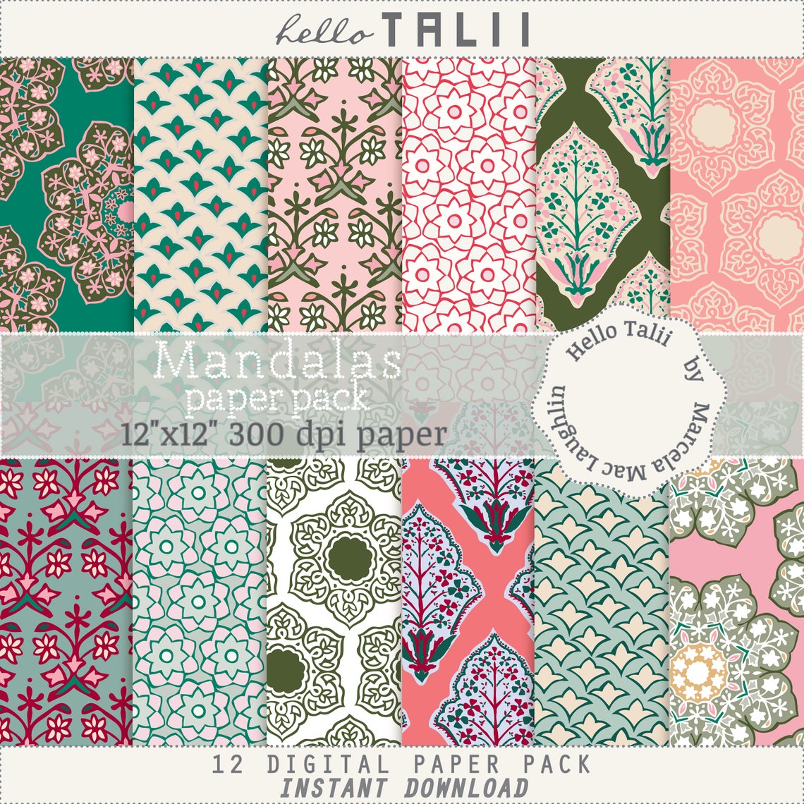 Indian MANDALA DIGITAL PAPER Pind and Green Mandala Patterns - Etsy