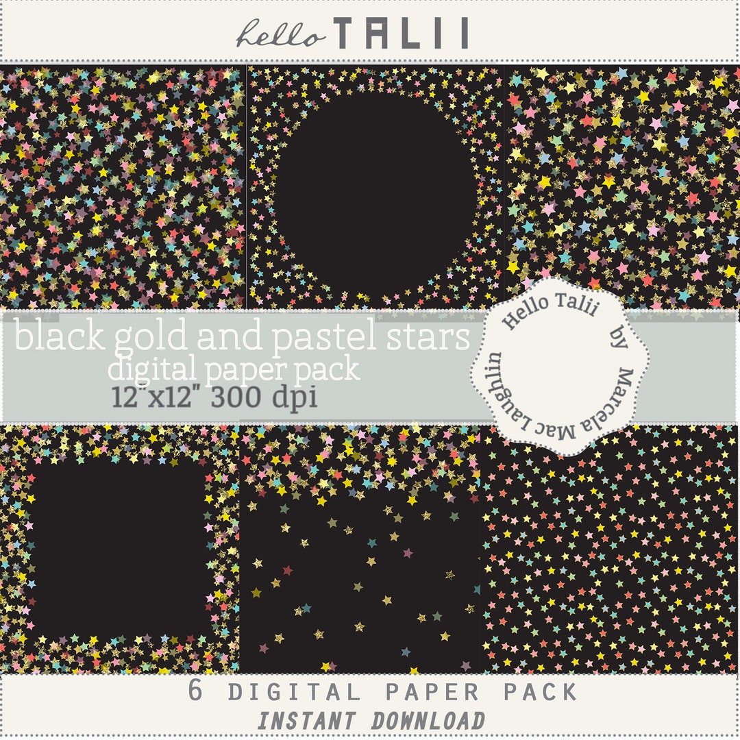 GOLD and PASTEL Rainbow STARS Digital Paper- 6 Golden Glitter + Rainbow ...