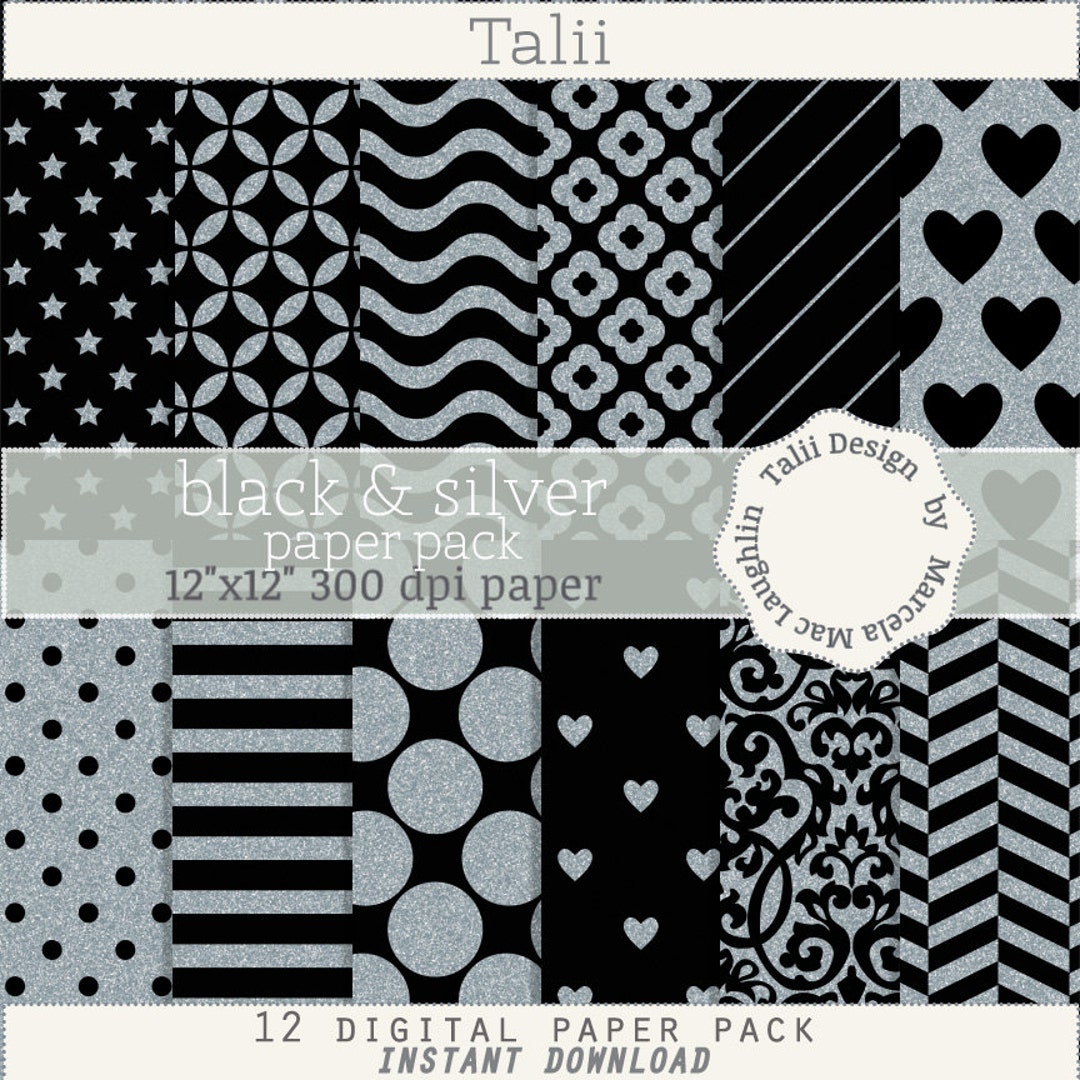 BLACK and Silver DIGITAL PAPER Silver Glitter Pattern on Black ...