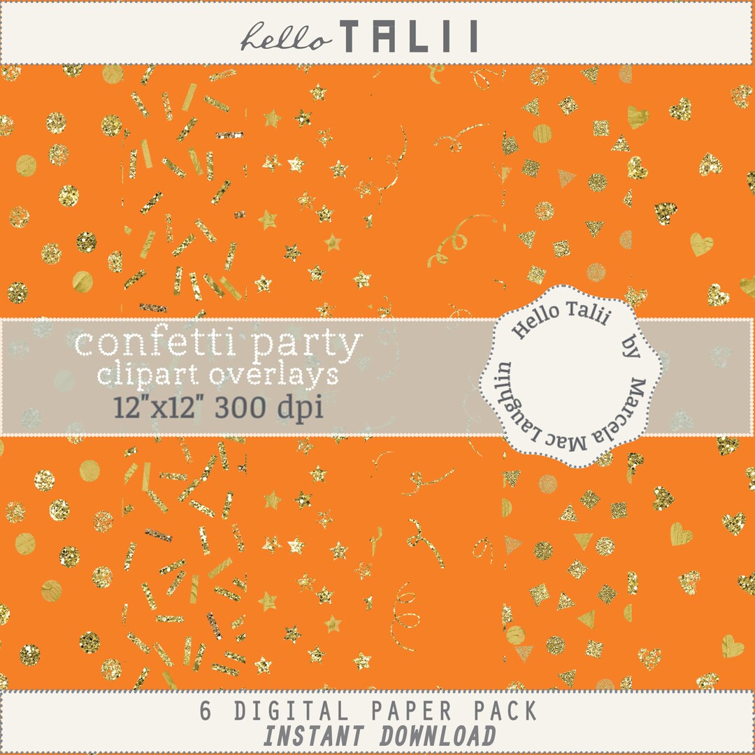 Orange and Gold CONFETTI Party Digital Paper- Glitter Confetti on ...