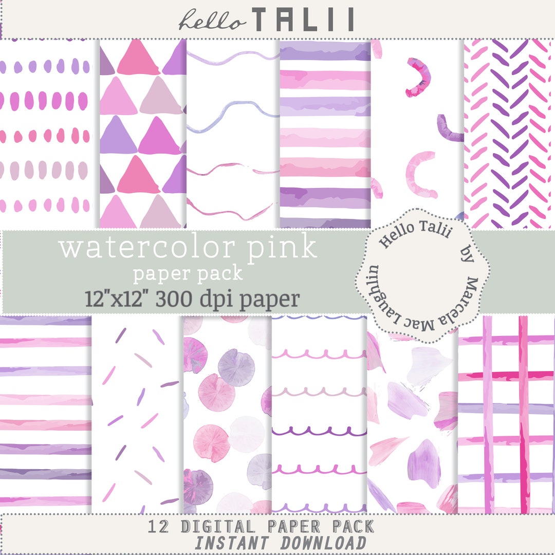 PINK and PURPLE WATERCOLOR Digital Paper- Pastel Stripes Dots Sprinkles ...