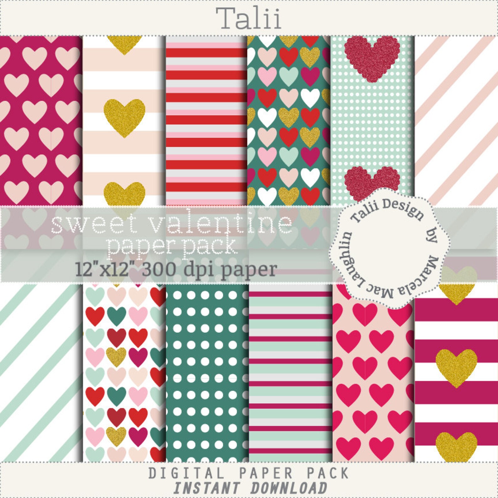 Sweet Valentine DIGITAL PAPER PACK Hearts Stripes and Dots | Etsy