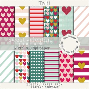 Sweet Valentine DIGITAL PAPER PACK- Hearts Stripes and Dots Backgrounds ...