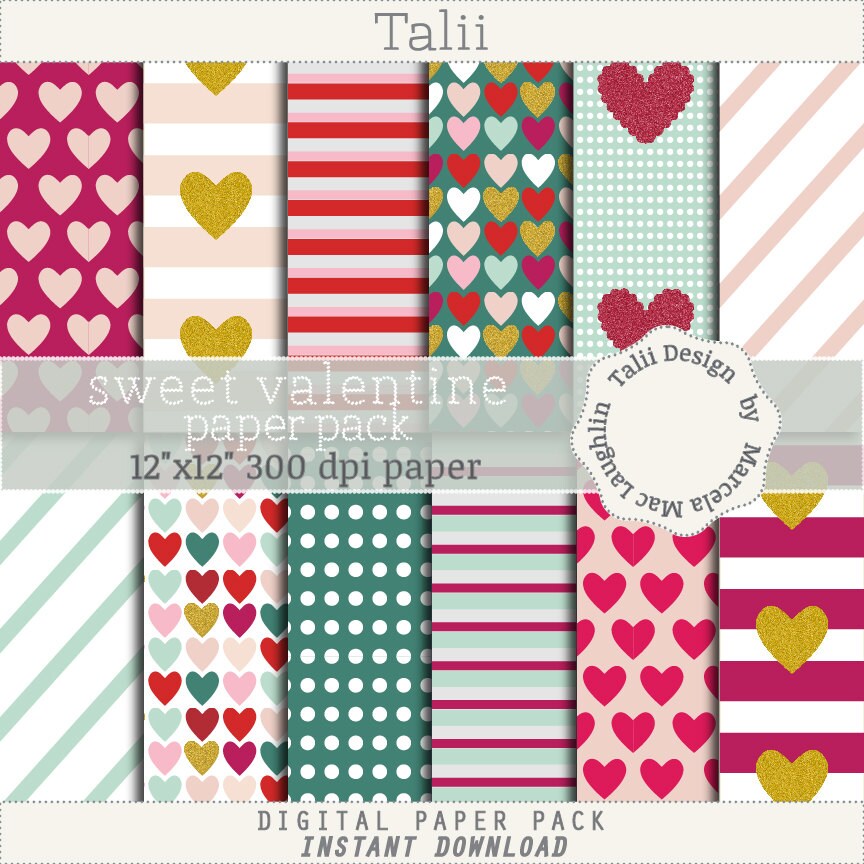 Sweet Valentine DIGITAL PAPER PACK Hearts Stripes and Dots | Etsy