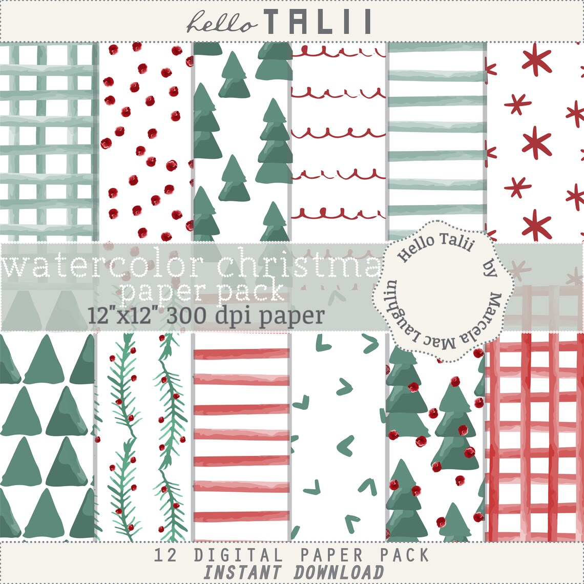 Christmas WATERCOLOR Digital Paper Red Green White Watercolor - Etsy