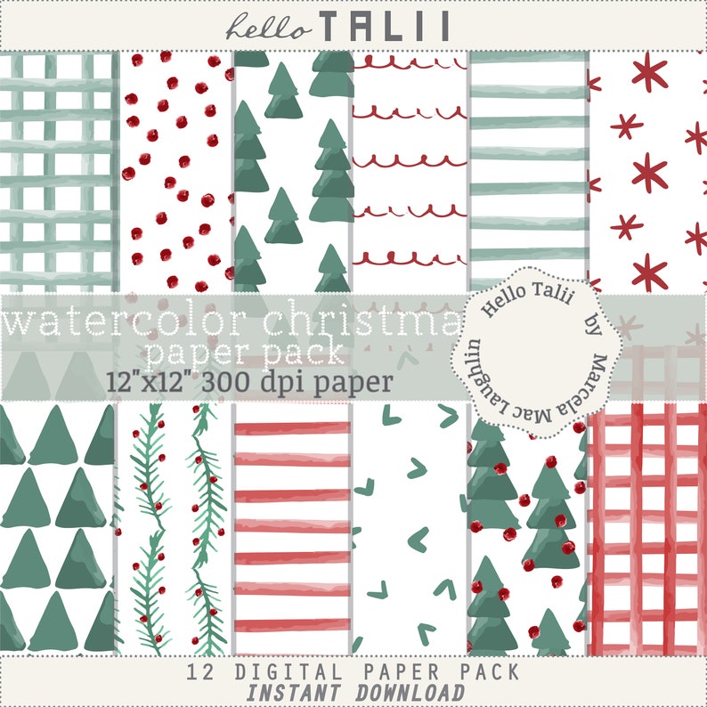 Christmas WATERCOLOR Digital Paper Red Green White Watercolor - Etsy