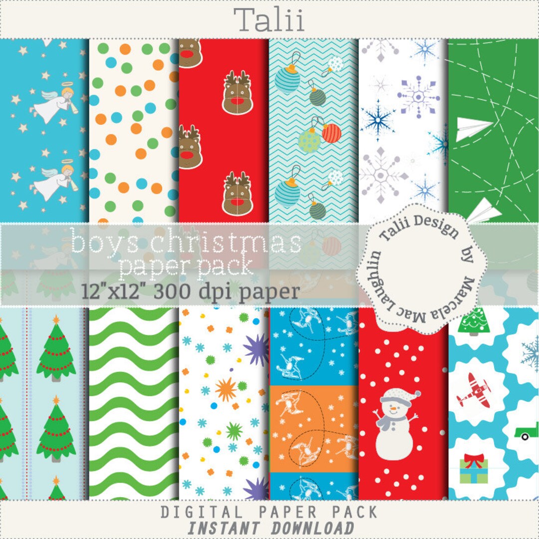 Boys Christmas DIGITAL PAPER Kids Wrapping Paper Boys Backgrounds ...