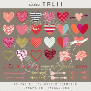 Hearts Clipart VALENTINES DAY Digital Hearts Arrows Flowers in Gold Red ...