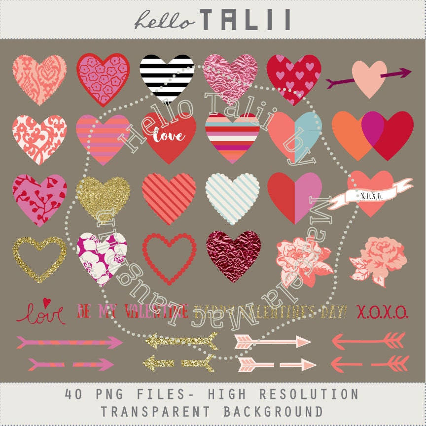Hearts Clipart VALENTINES DAY Digital Hearts Arrows Flowers - Etsy