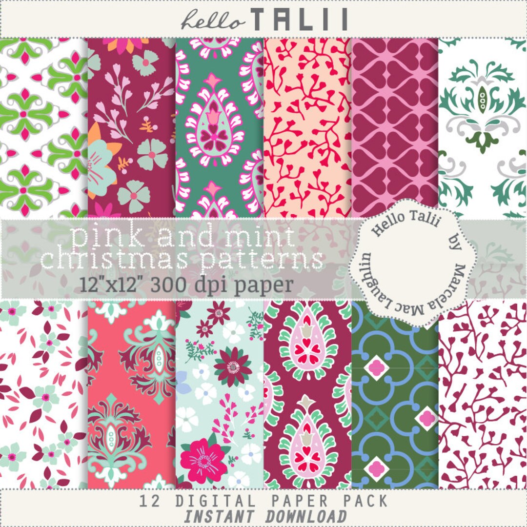 Pink and Mint Digital Paper Floral and Paisley Patterns Red Green White ...