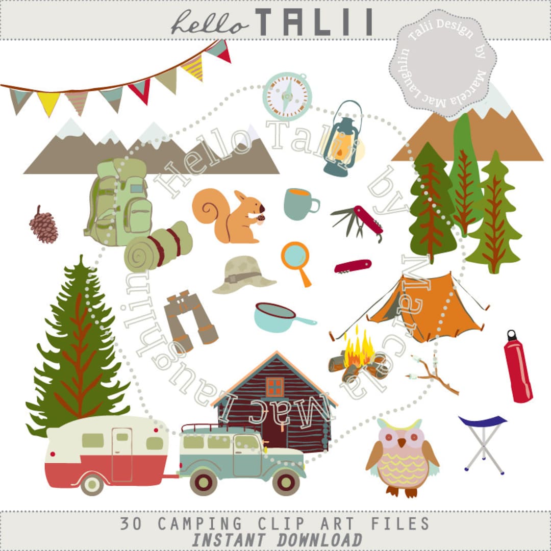 Camping CLIP ART- Happy Camper Clipart- 30 Hand Drawn Graphics Summer ...
