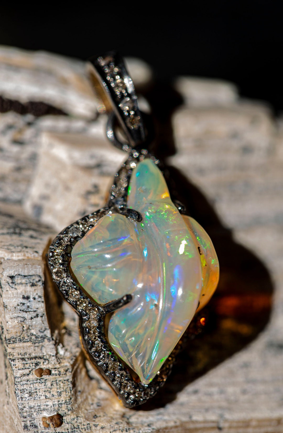 Incredible Natural Leaf Opal Carving Set With Chocolate Diamonds and ...