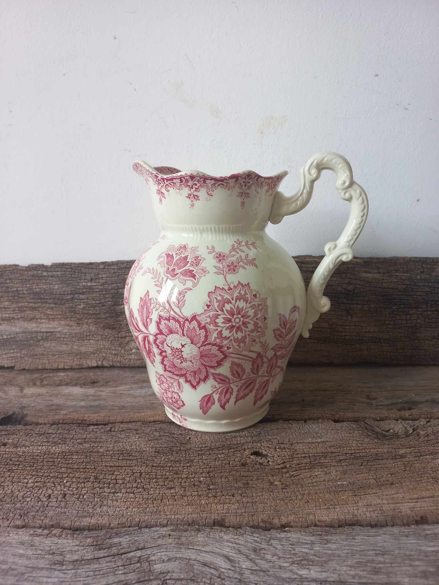 Antique French Ironstone Jug Red Floral Design Bathroom Pitcher St ...