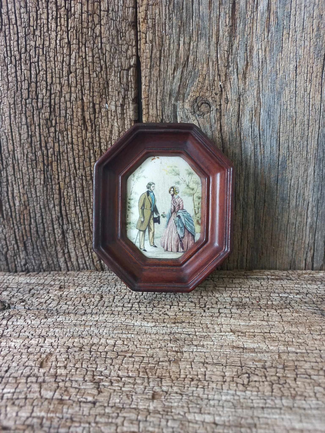 Vintage French Silk Print of A Couple in an Octagonal Light Wood ...