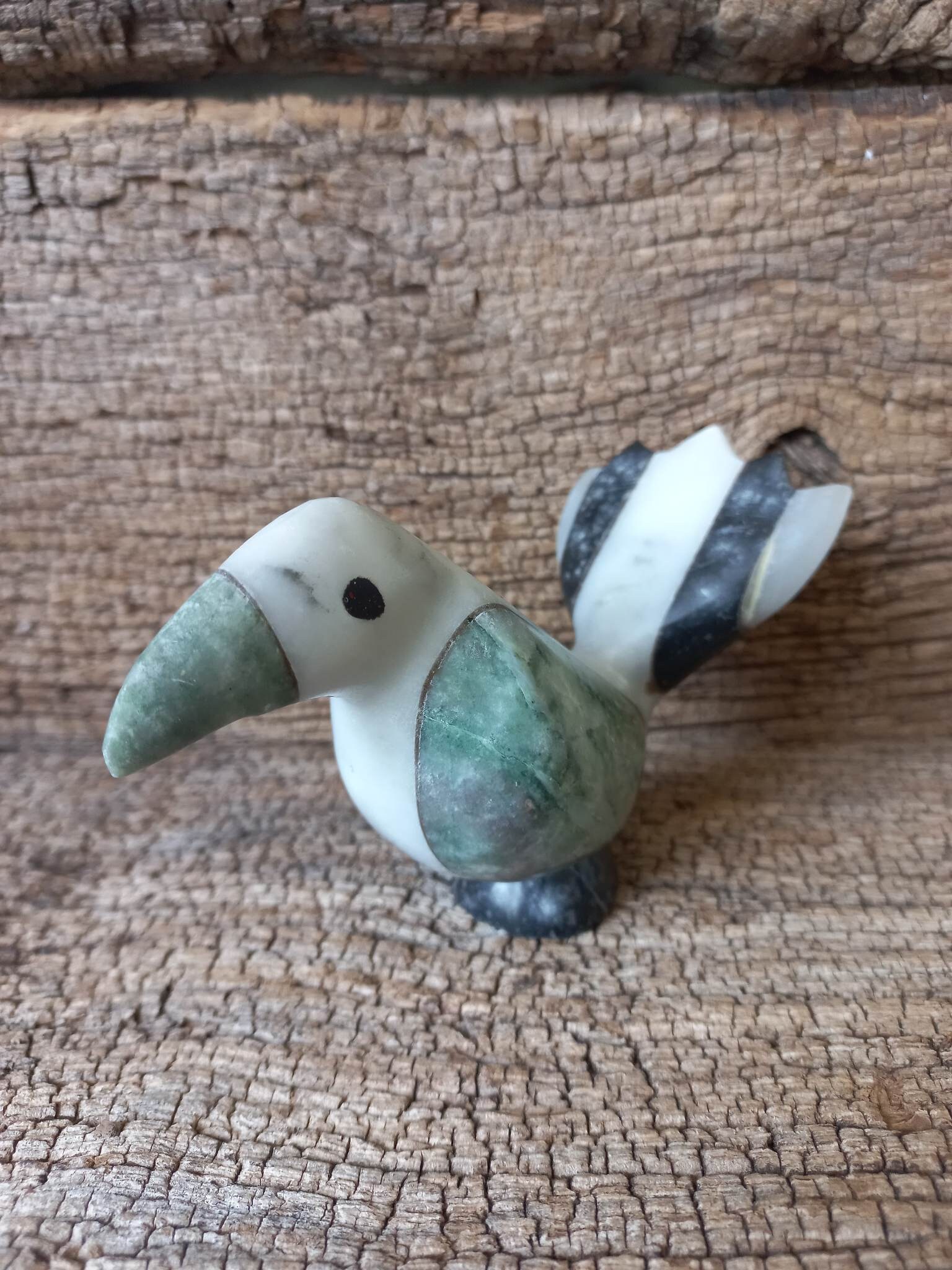 Vintage Alabaster Carved Bird Ornament Stoneware in Green White and ...